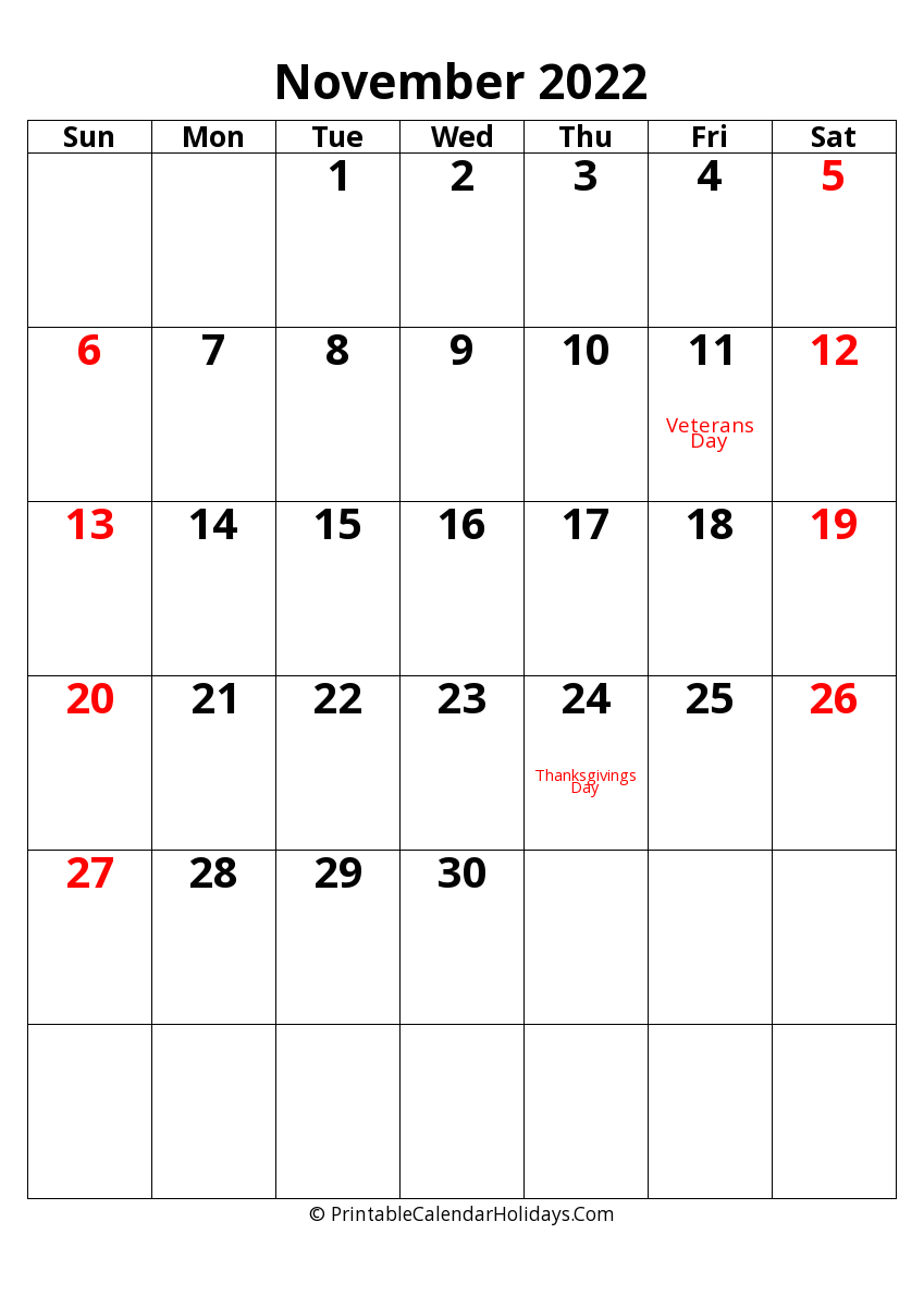 November 2022 Calendars - PrintableCalendarHolidays.Com